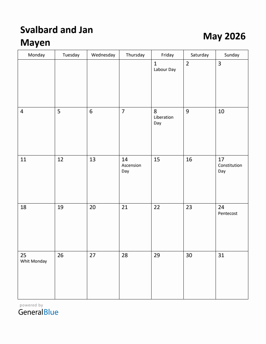 Free Printable May 2026 Calendar for Svalbard and Jan Mayen