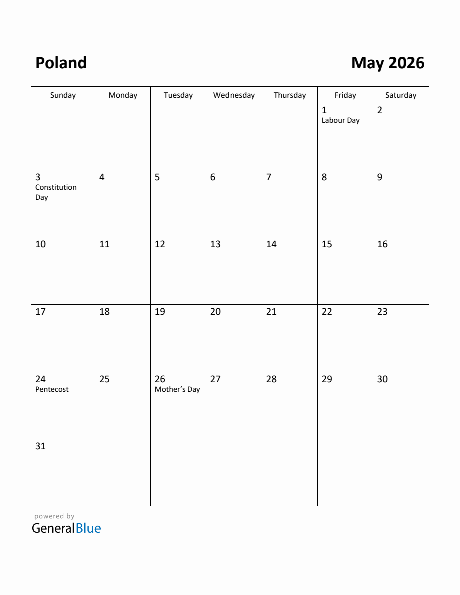 Free Printable May 2026 Calendar for Poland