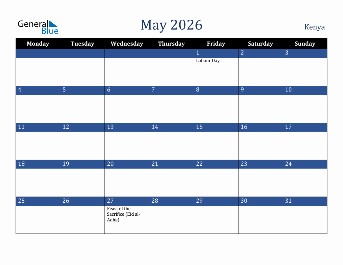 May 2026 Kenya Holiday Calendar (Monday Start)