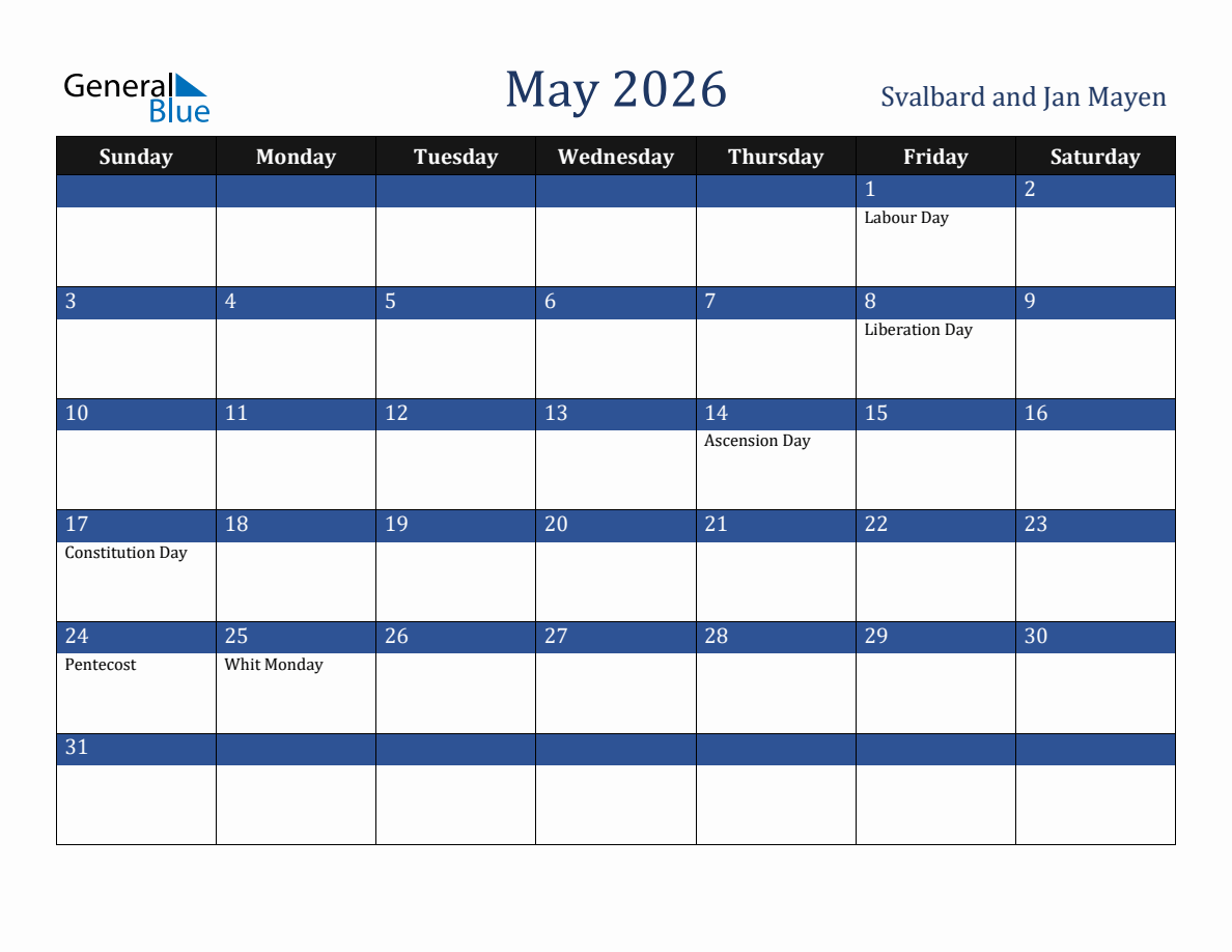 May 2026 Svalbard and Jan Mayen Holiday Calendar