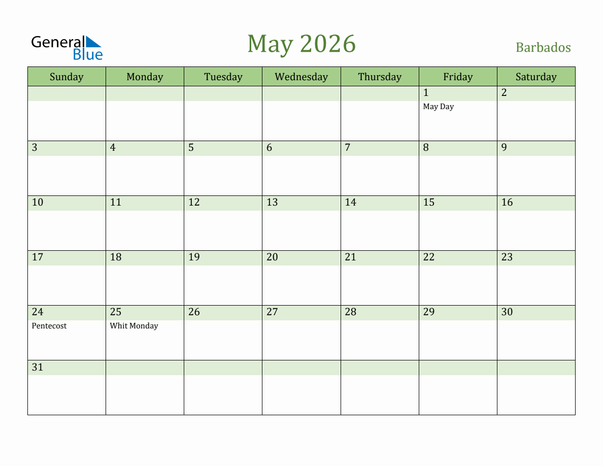 Fillable Holiday Calendar for Barbados - May 2026