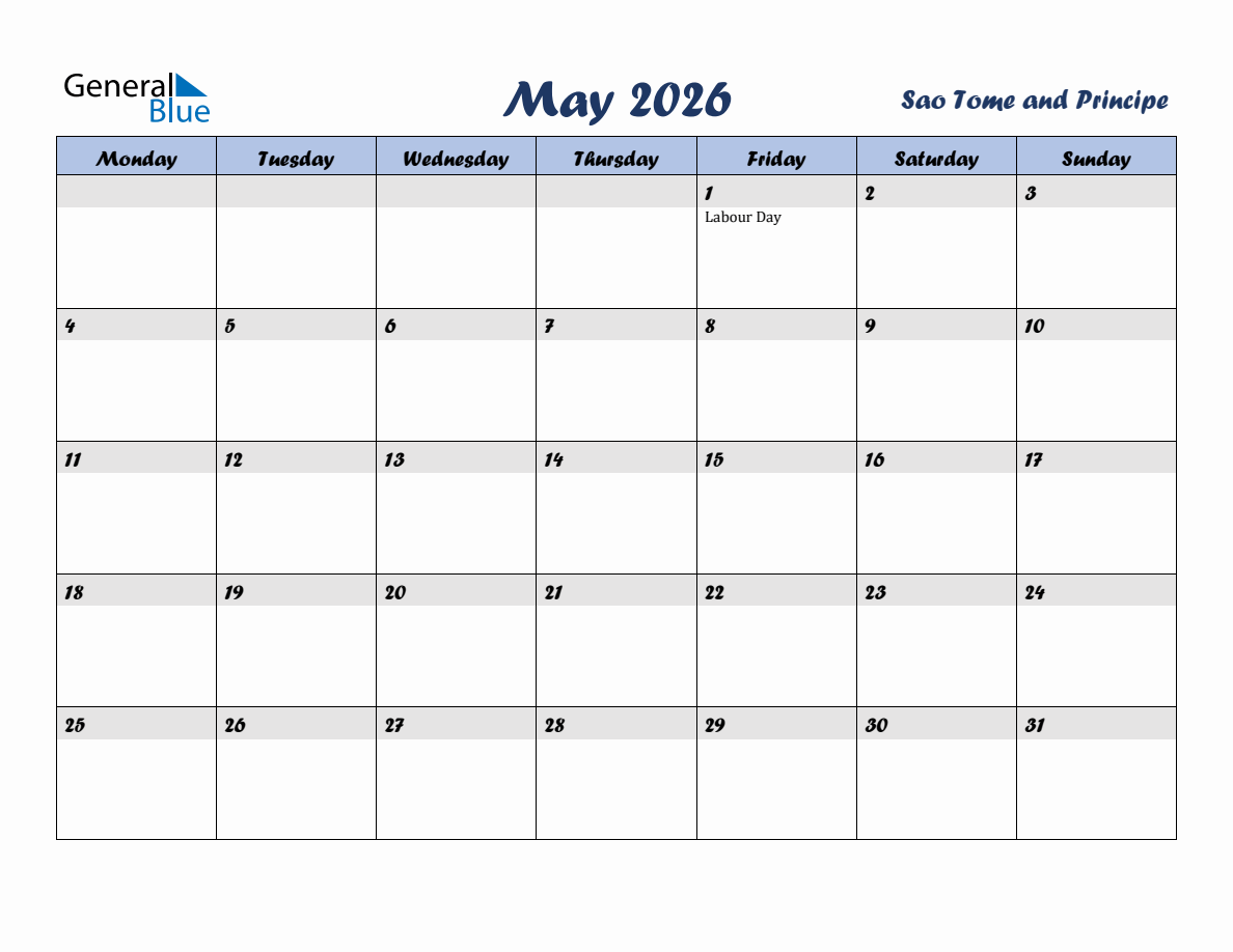 May 2026 Monthly Calendar Template with Holidays for Sao Tome and ...