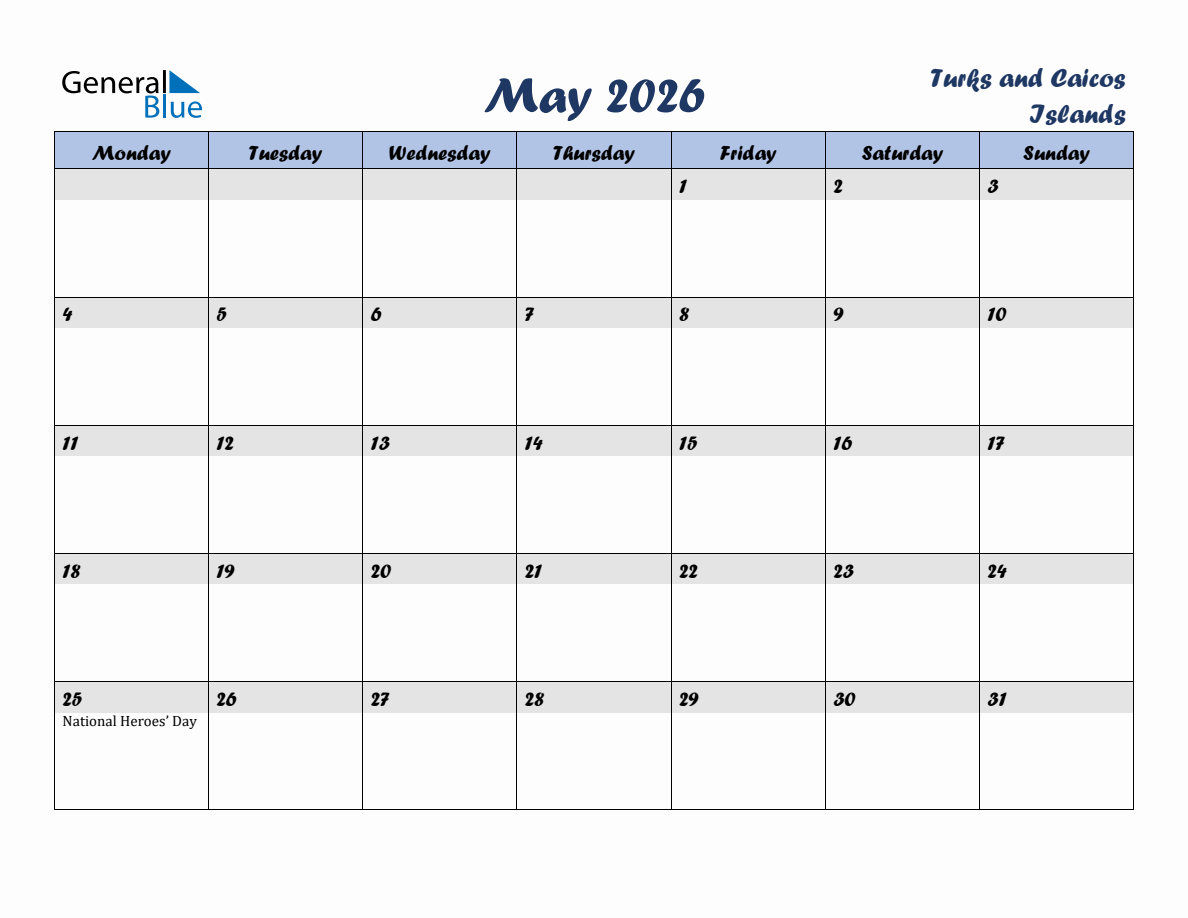 May 2026 Monthly Calendar Template with Holidays for Turks and Caicos ...