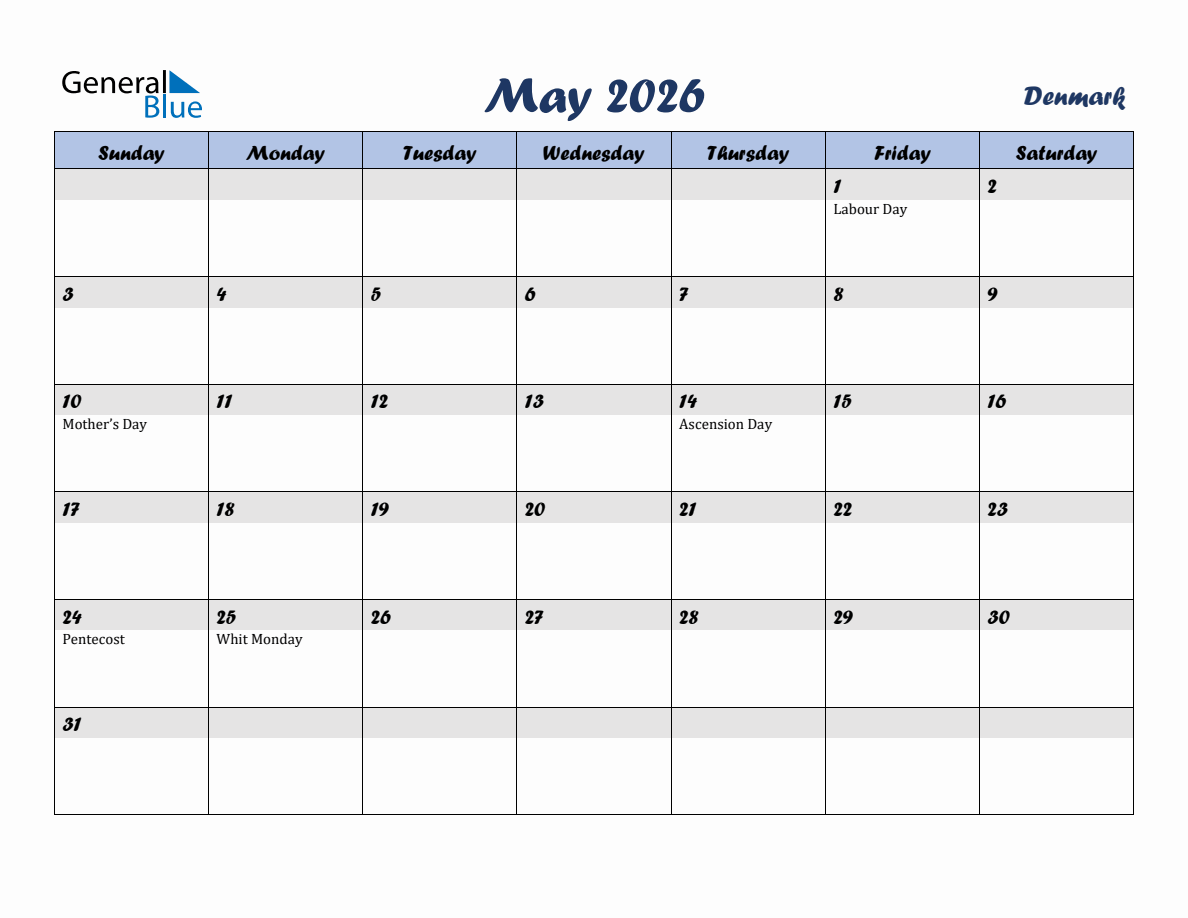 May 2026 Monthly Calendar Template with Holidays for Denmark
