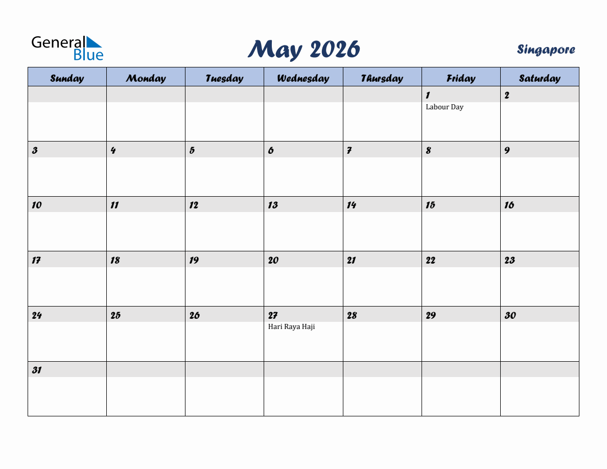 May 2026 Monthly Calendar Template with Holidays for Singapore
