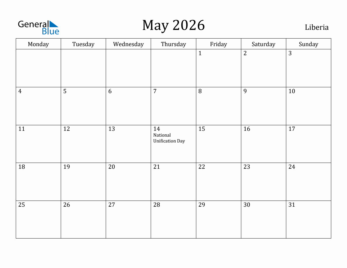 May 2026 Monthly Calendar with Liberia Holidays (Monday Start)