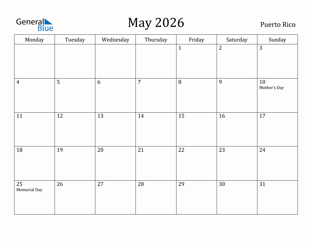 Puerto Rico Monthly Calendar - May 2026 (Monday Start)