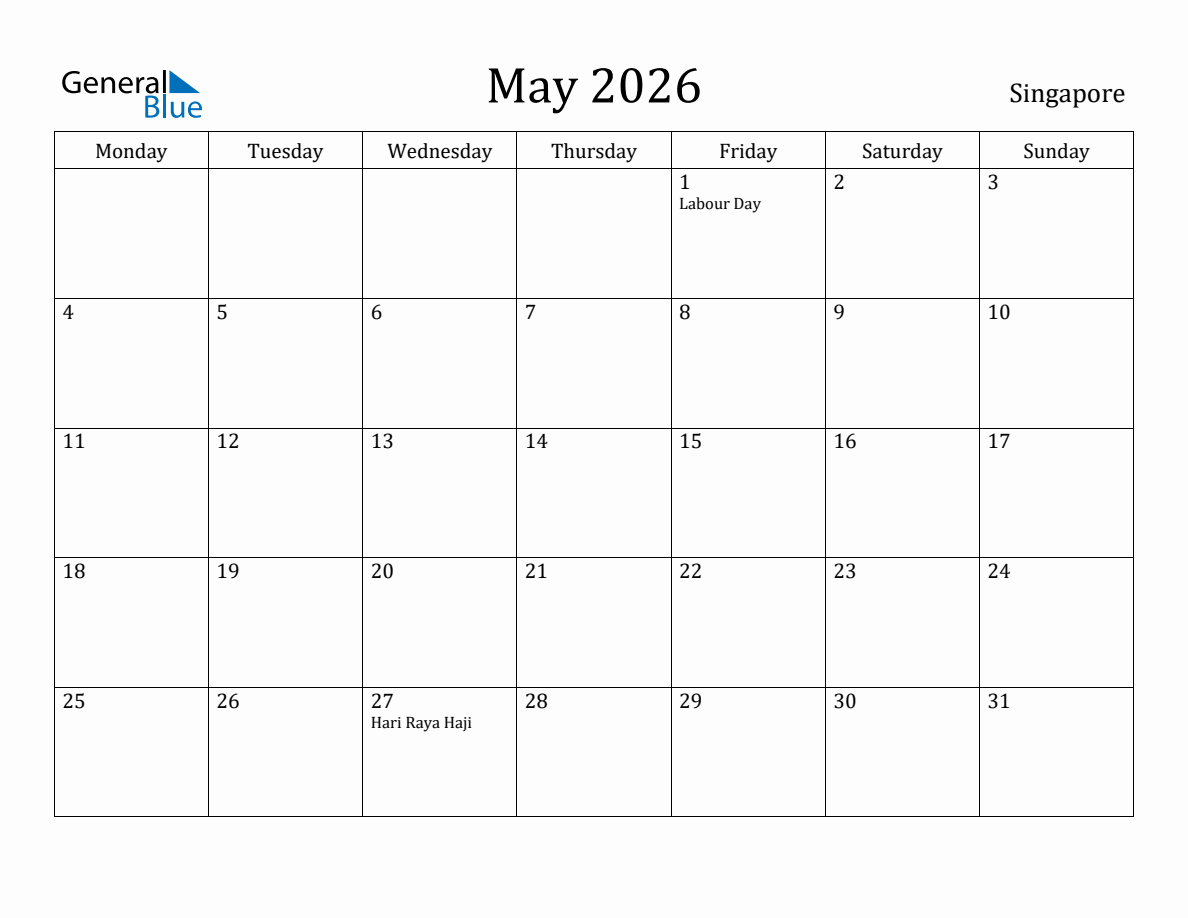 May 2026 Monthly Calendar with Singapore Holidays (Monday Start)