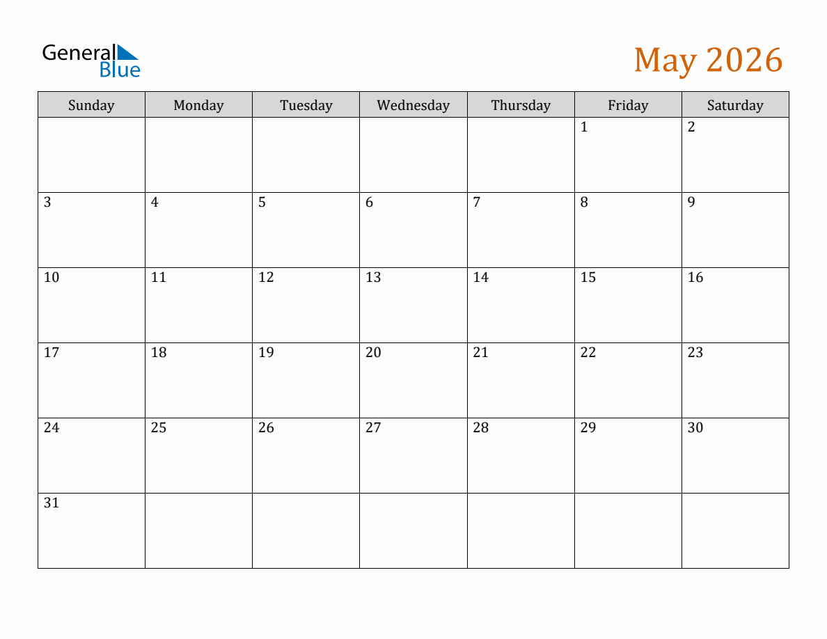 May 2026 Generic Monthly Calendar