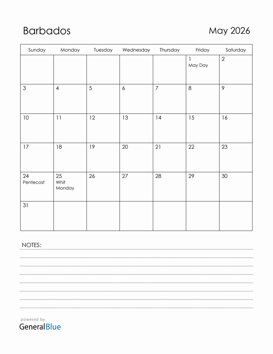May 2026 Barbados Calendar with Holidays