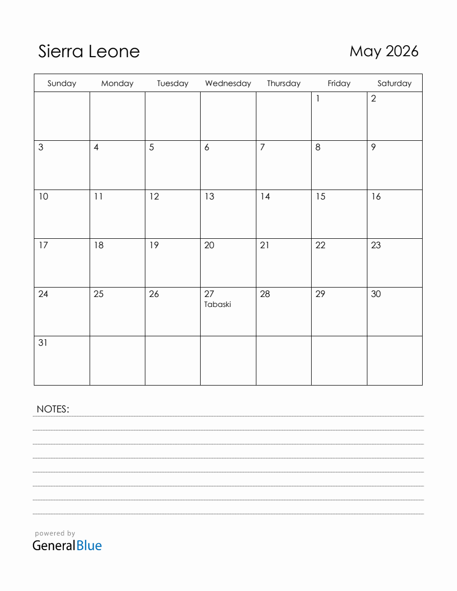 May 2026 Sierra Leone Calendar with Holidays
