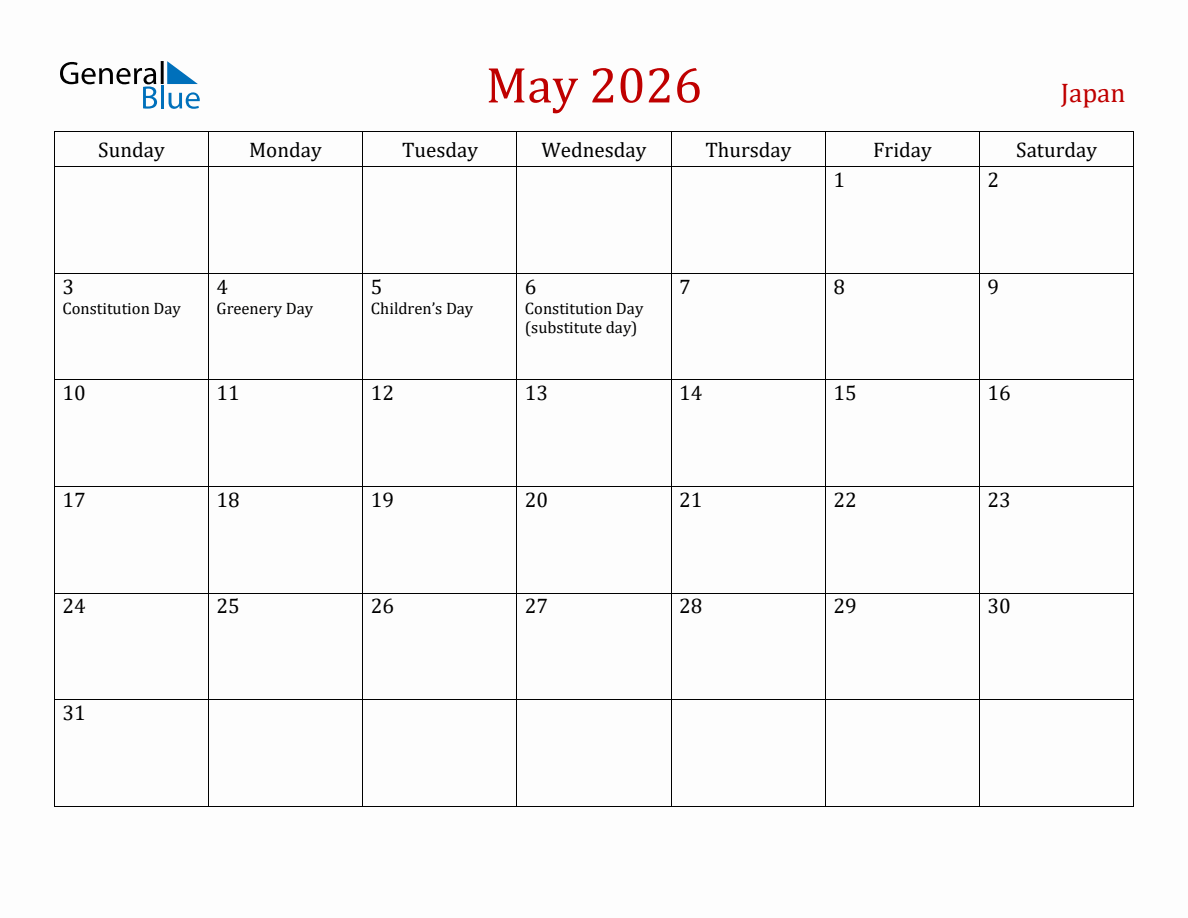 May 2026 Japan Monthly Calendar with Holidays