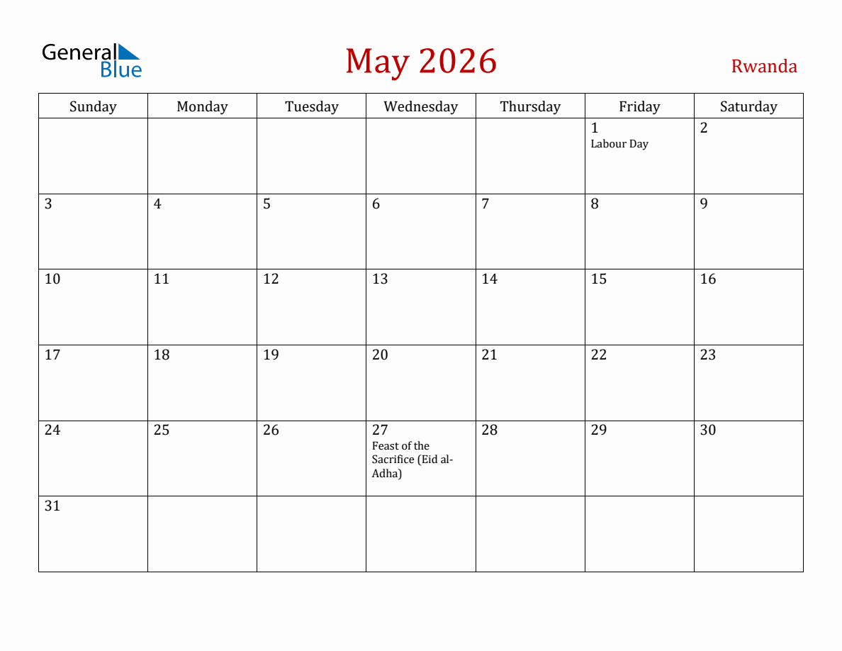 May 2026 Rwanda Monthly Calendar with Holidays