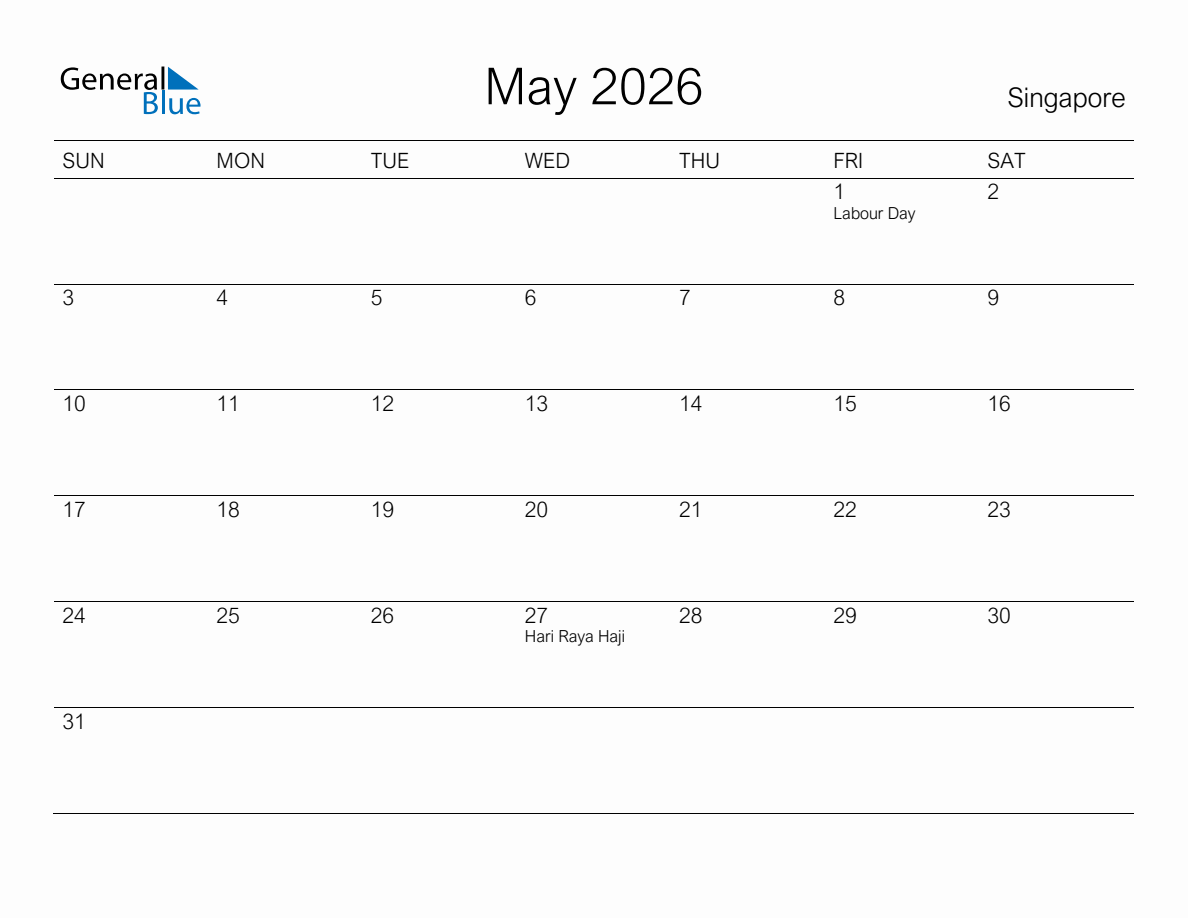 Printable May 2026 Monthly Calendar with Holidays for Singapore