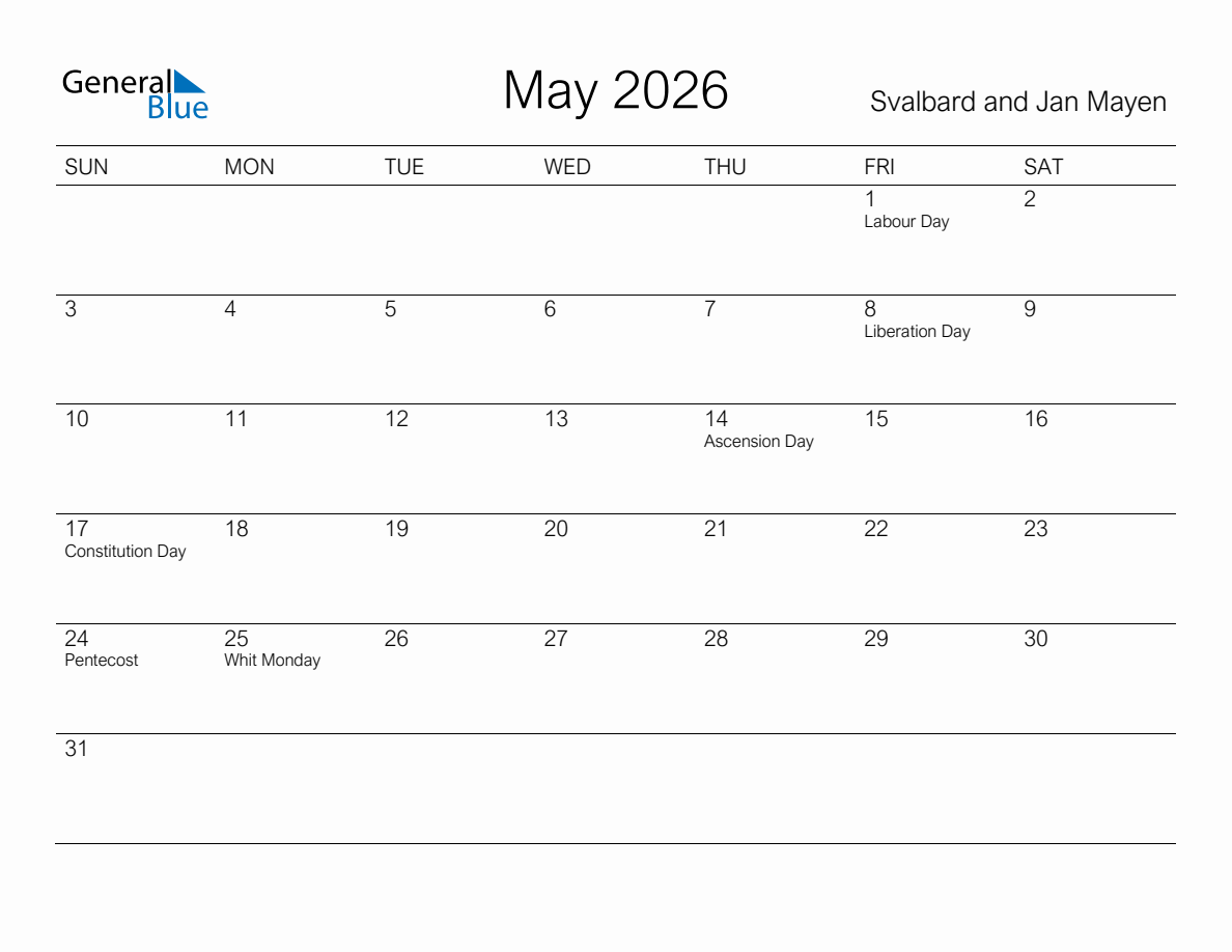 Printable May 2026 Monthly Calendar with Holidays for Svalbard and Jan ...