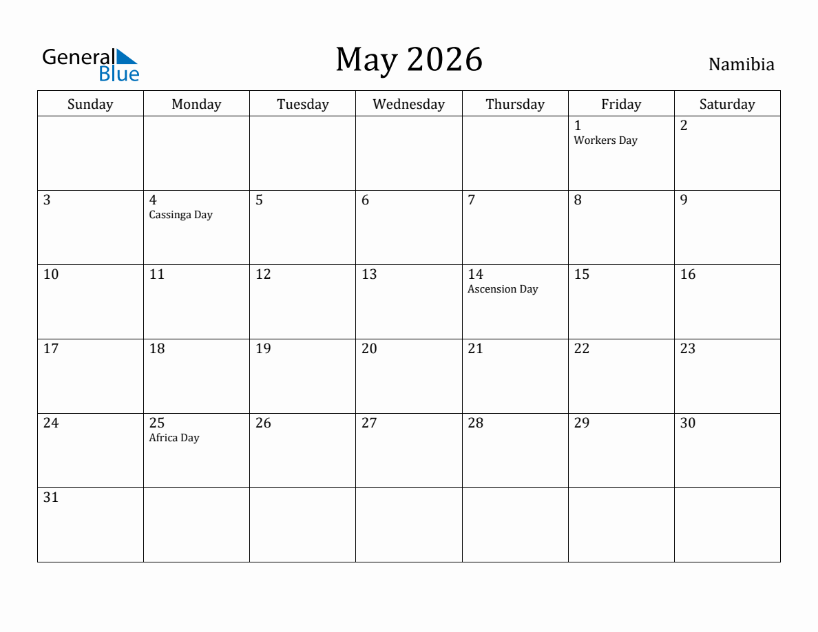 May 2026 Monthly Calendar with Namibia Holidays