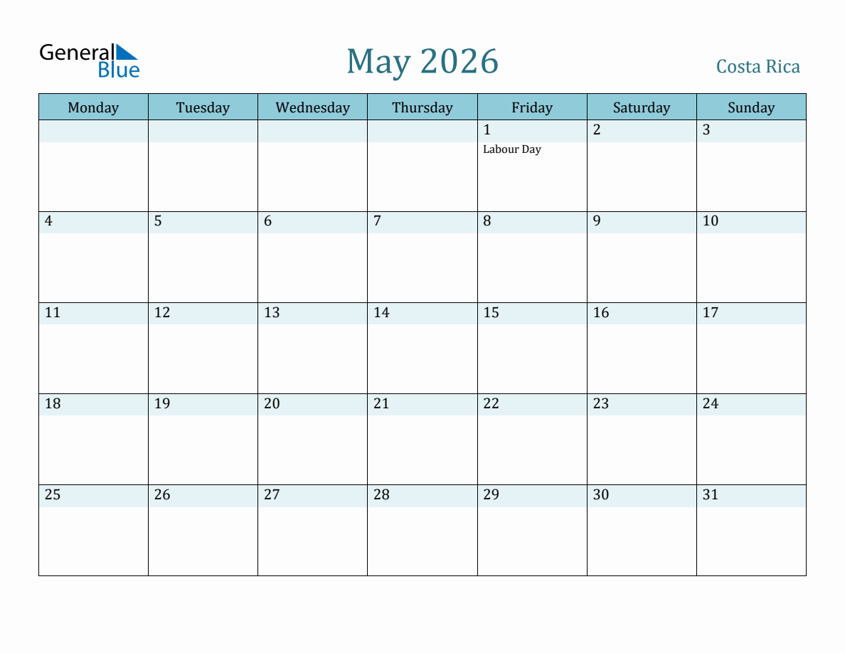 Costa Rica Holiday Calendar for May 2026