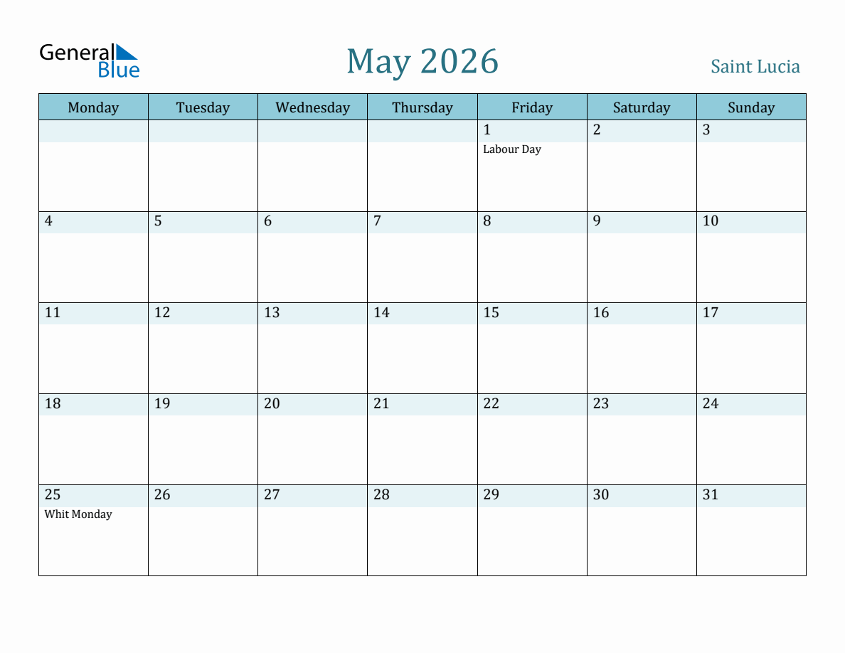 Saint Lucia Holiday Calendar for May 2026 (Monday Start)