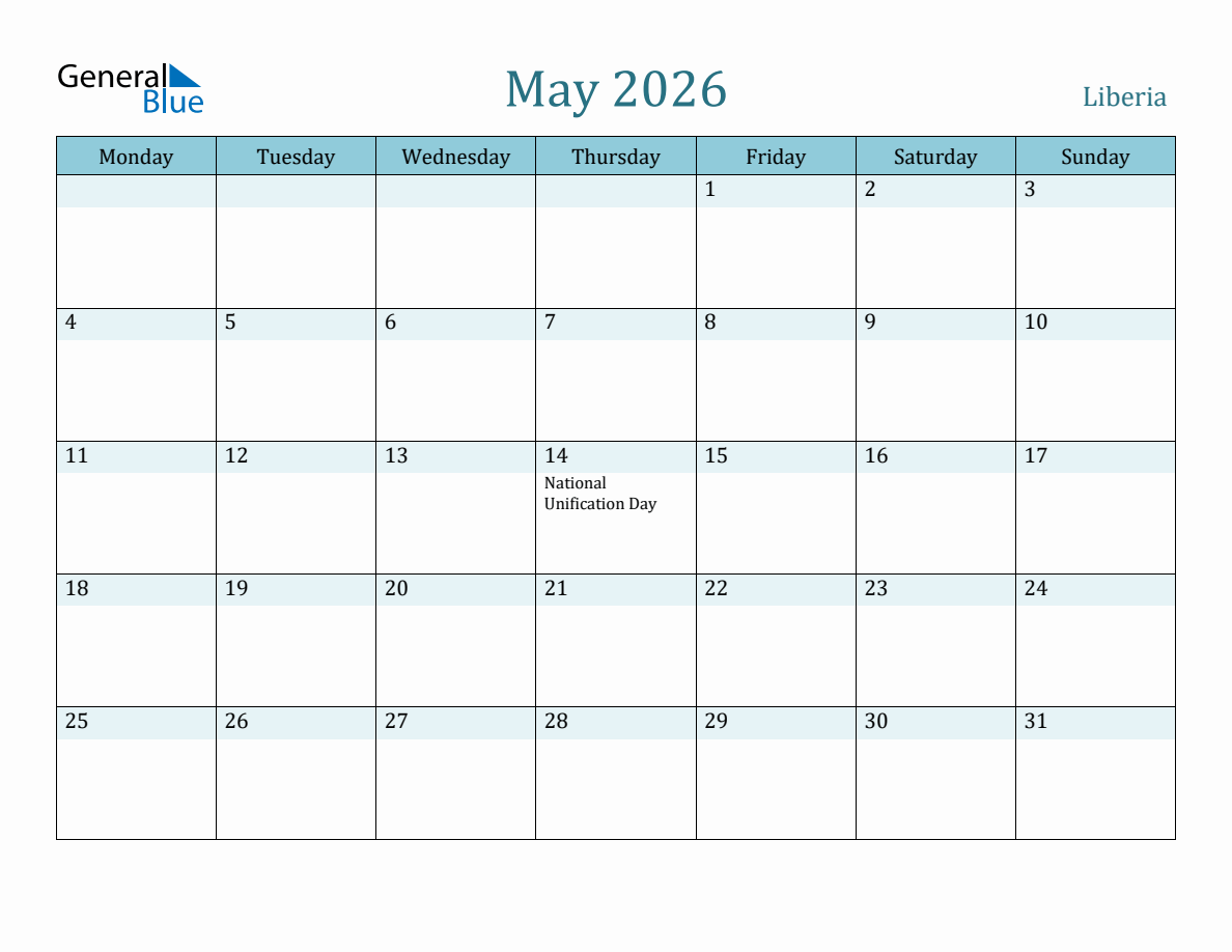 Liberia Holiday Calendar for May 2026 (Monday Start)