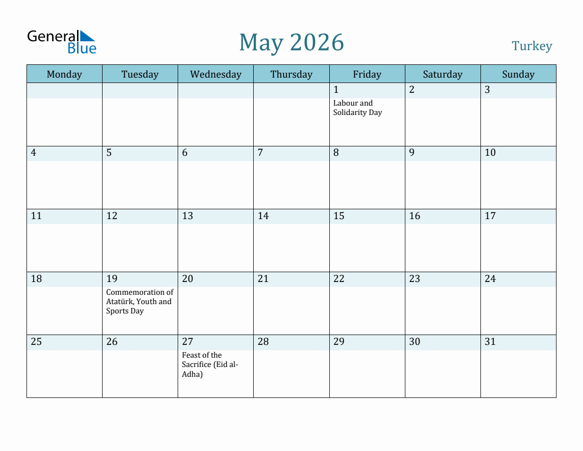 Turkey Holiday Calendar for May 2026 (Monday Start)