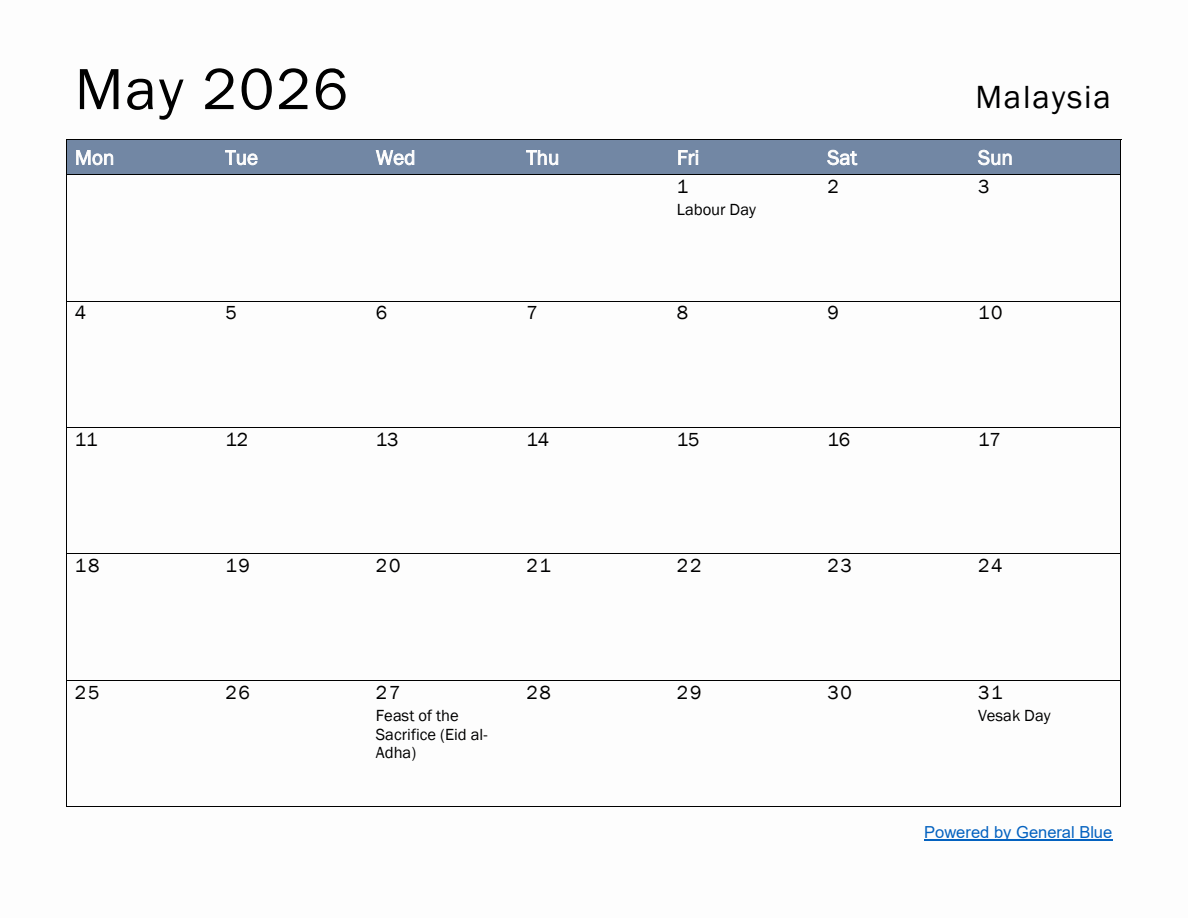Free Monthly Calendar Template for May 2026 with Malaysia Holidays ...