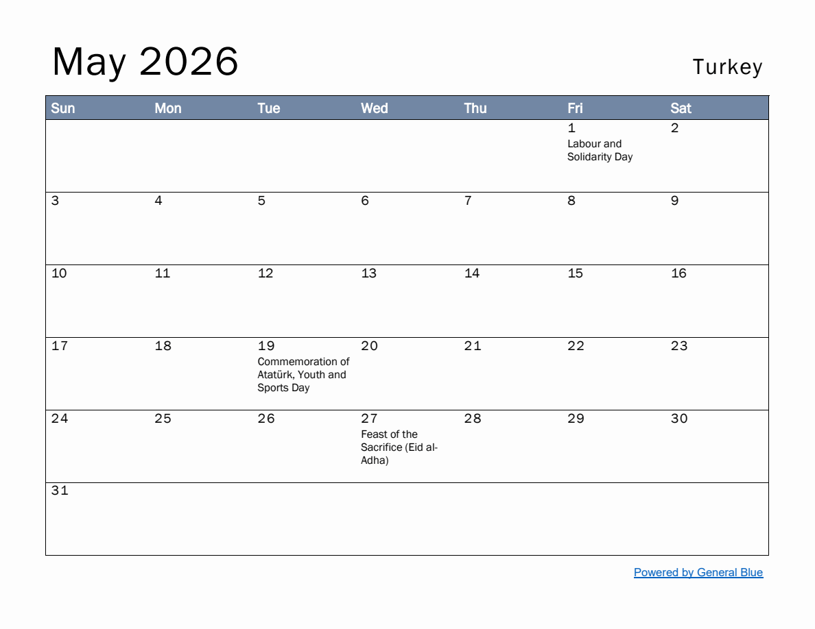 Free Monthly Calendar Template for May 2026 with Turkey Holidays