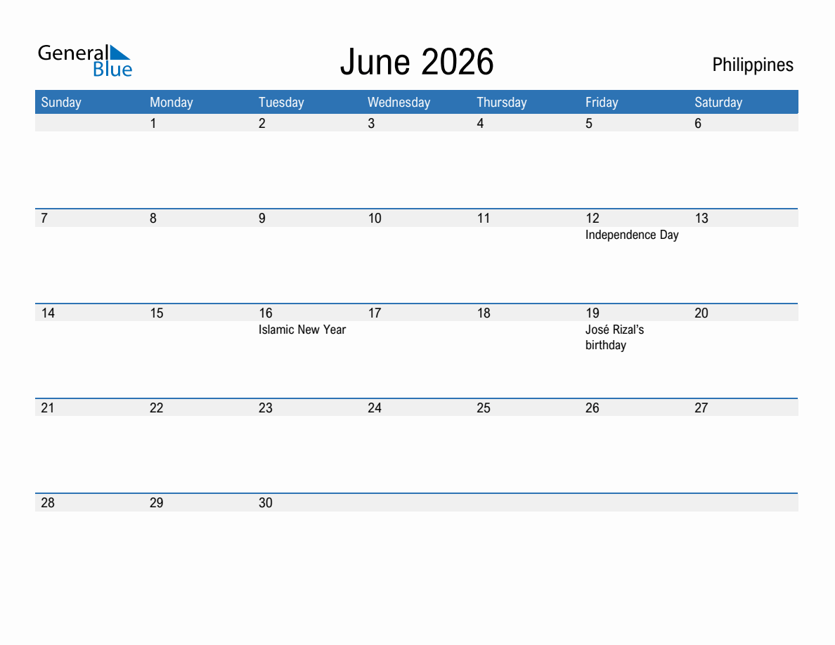 June 2026 Monthly Calendars with Philippines Holidays