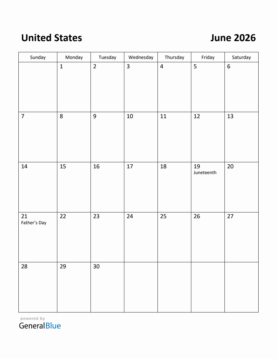 Free Printable June 2026 Calendar for United States