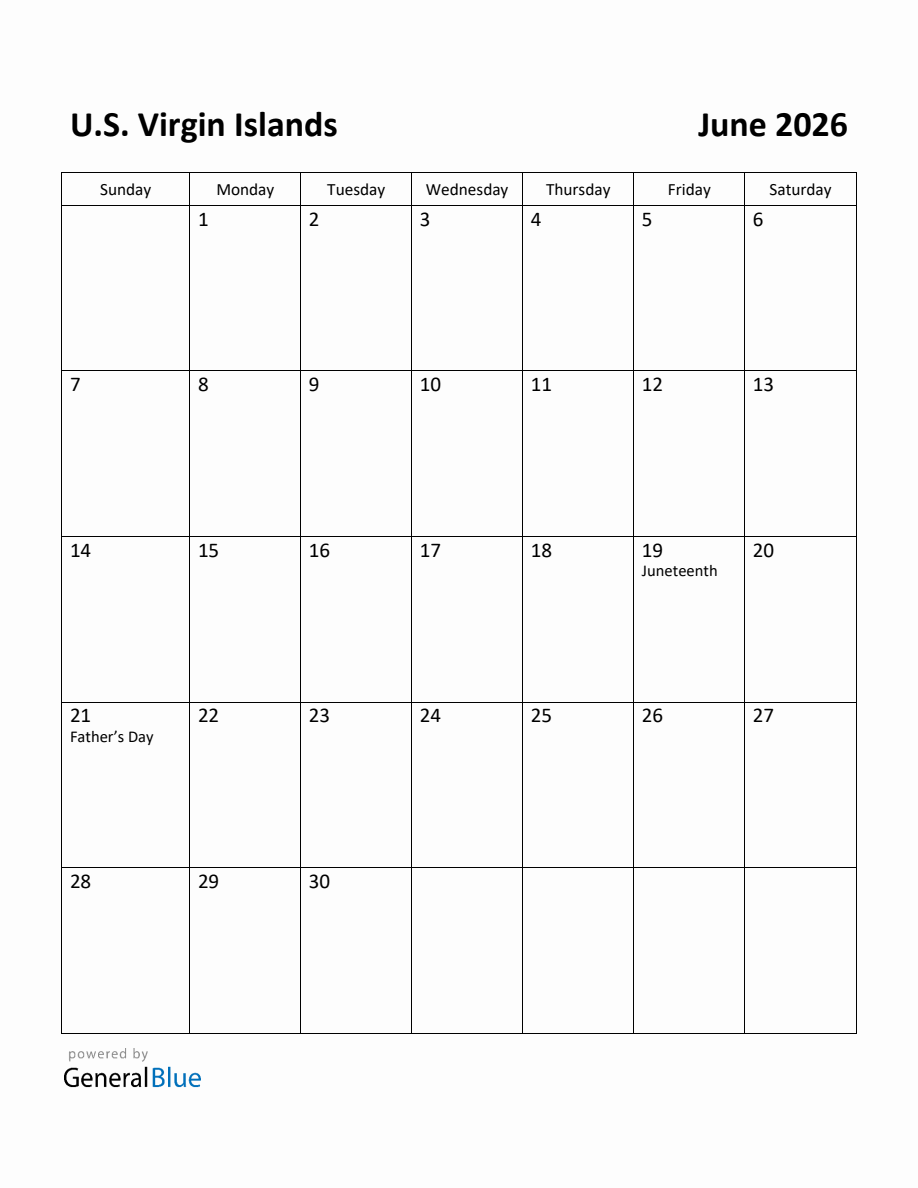 Free Printable June 2026 Calendar for U.S. Virgin Islands