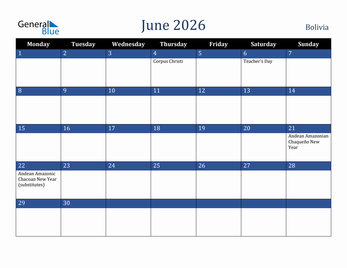 June 2026 Bolivia Holiday Calendar (Monday Start)