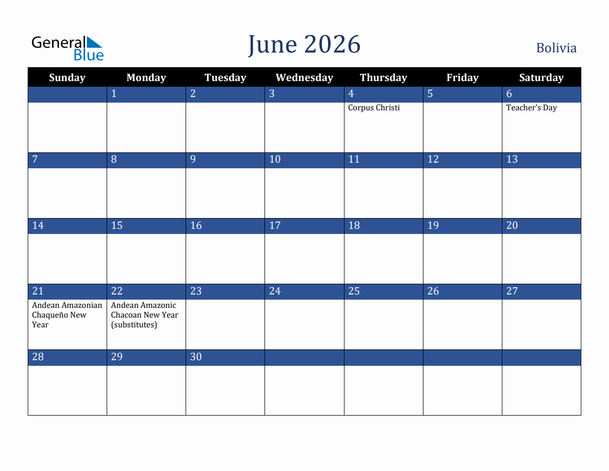 June 2026 Bolivia Holiday Calendar