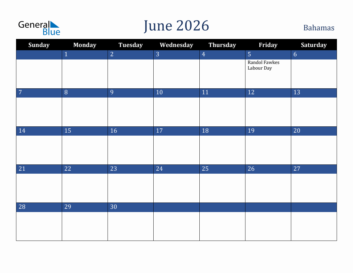 June 2026 Bahamas Holiday Calendar
