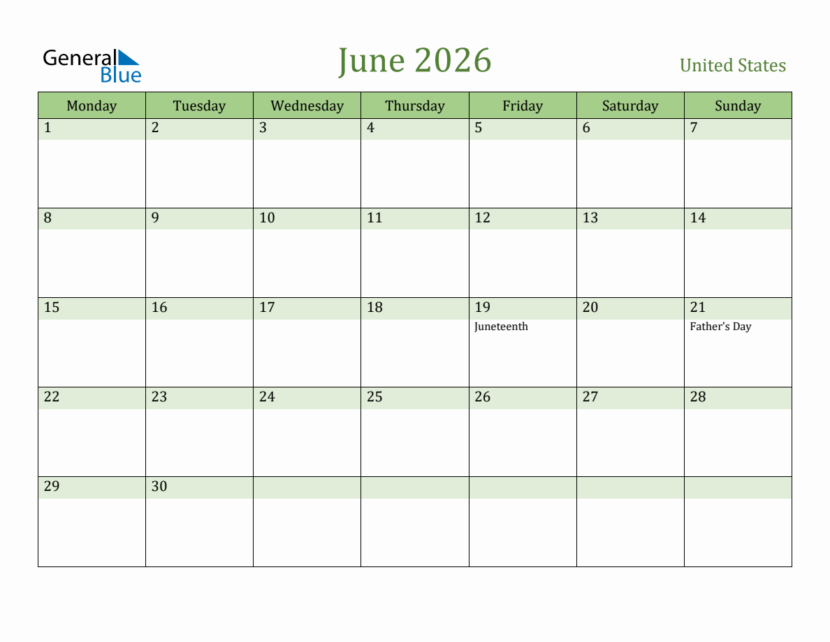 Fillable Holiday Calendar for United States - June 2026 (Monday Start)