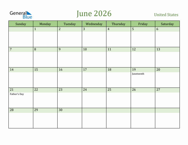 June 2026 Monthly Calendar With United States Holidays