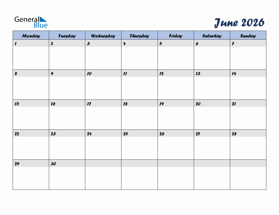Free June 2026 Monthly Editable Calendar - Monday Start