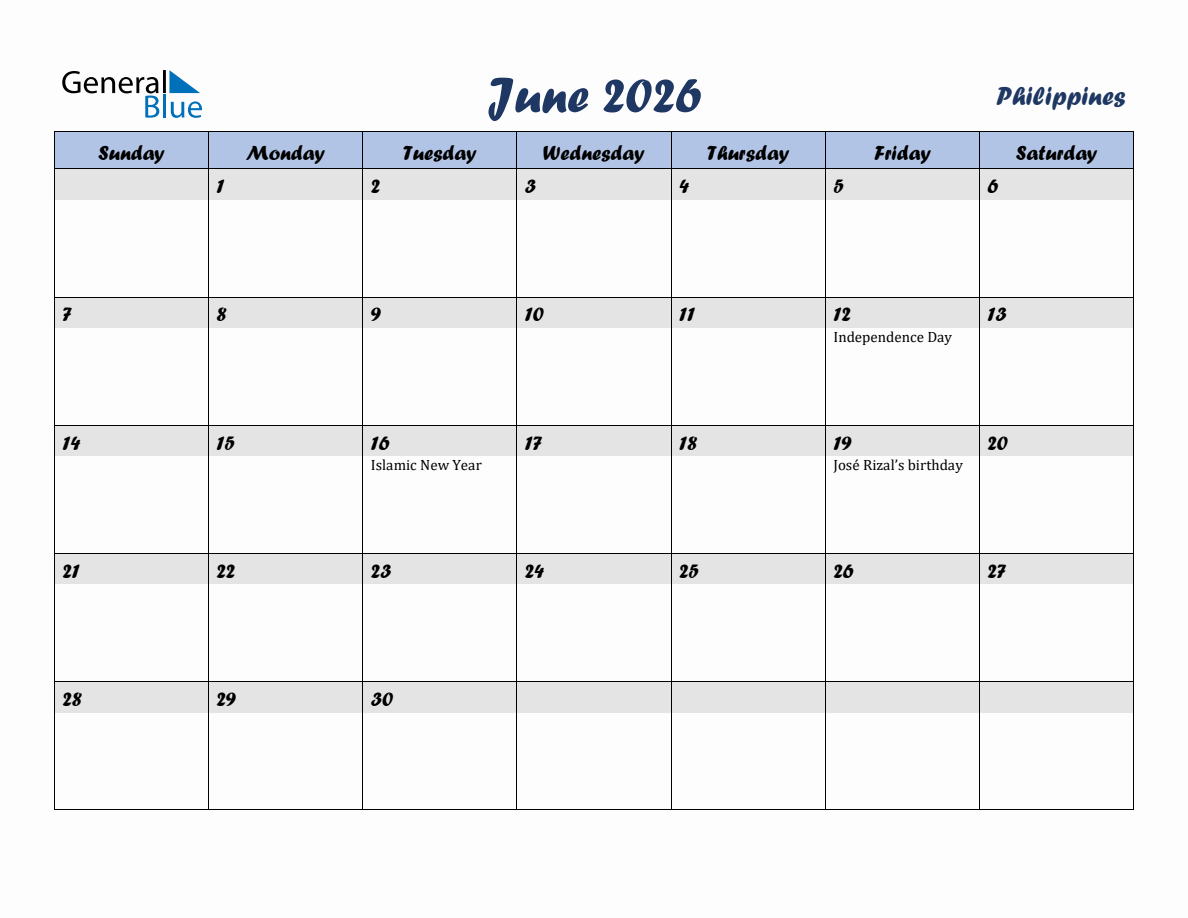 June 2026 Monthly Calendar Template with Holidays for Philippines