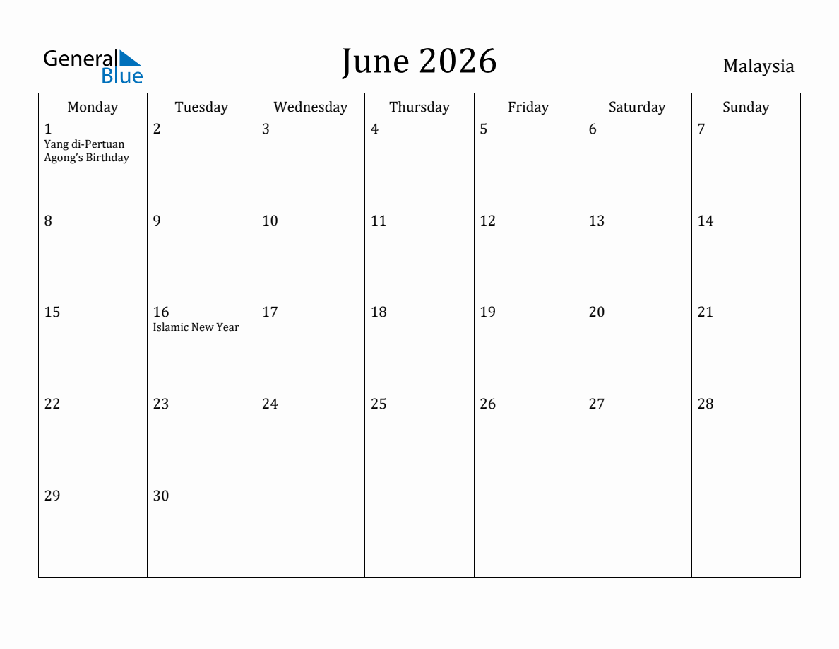 June 2026 Monthly Calendar with Malaysia Holidays (Monday Start)