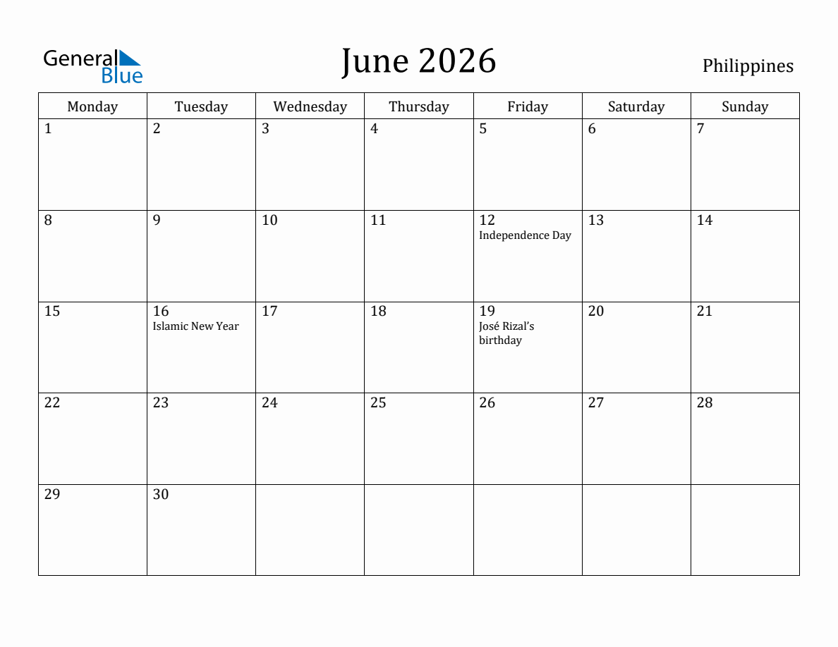 June 2026 Monthly Calendar with Philippines Holidays (Monday Start)
