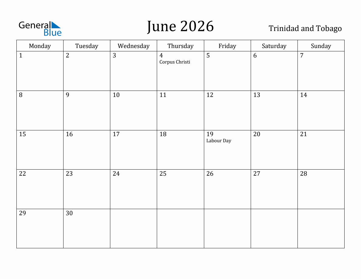 June 2026 Monthly Calendar with Trinidad and Tobago Holidays (Monday Start)