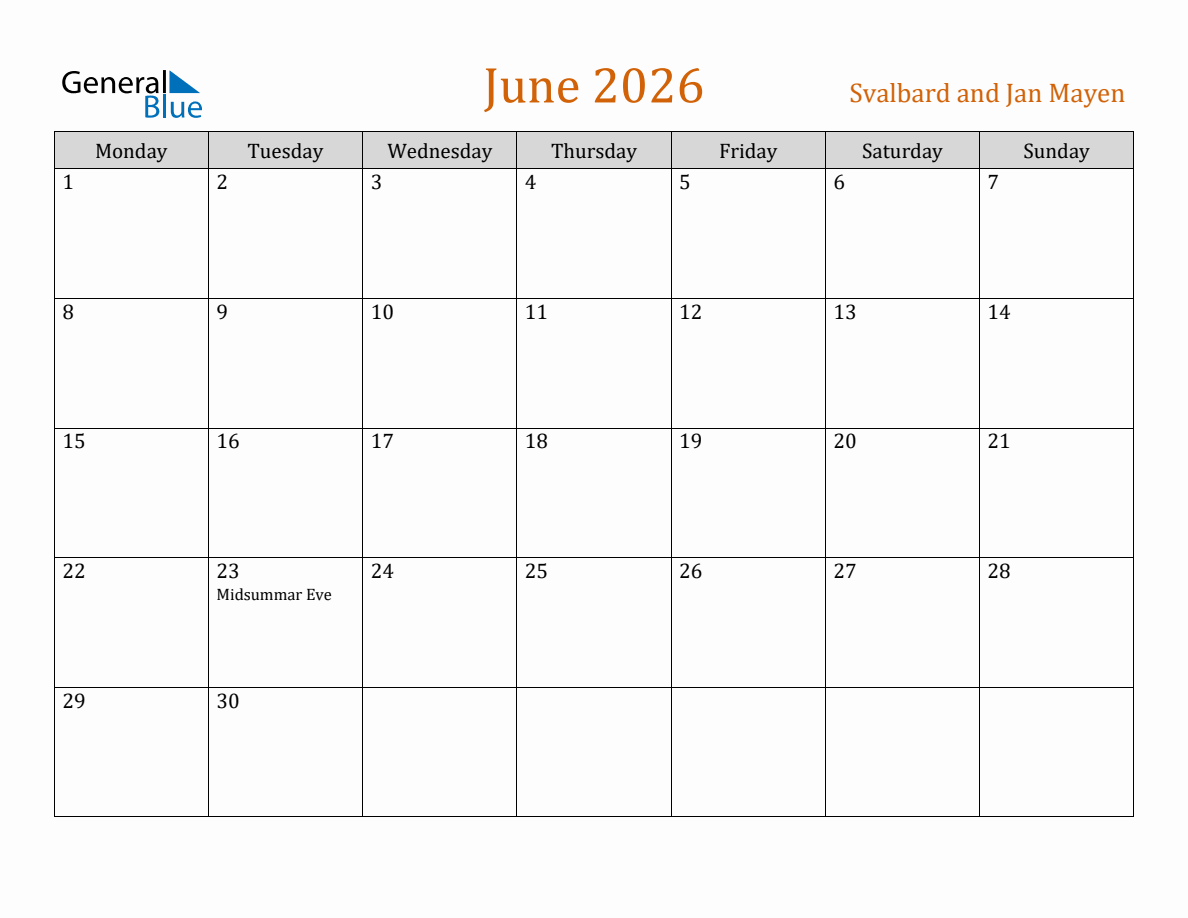 Free June 2026 Svalbard and Jan Mayen Calendar