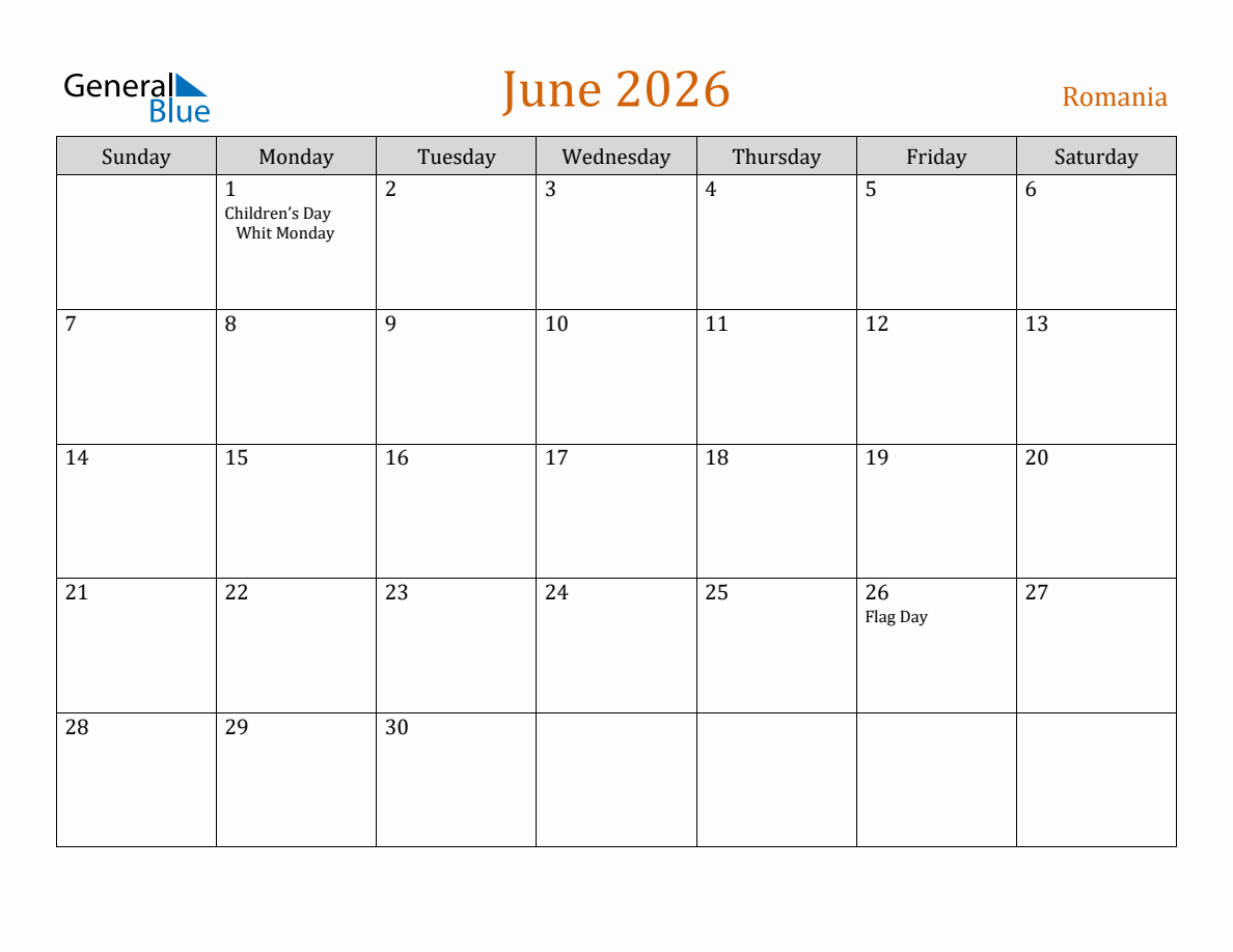 Free June 2026 Romania Calendar