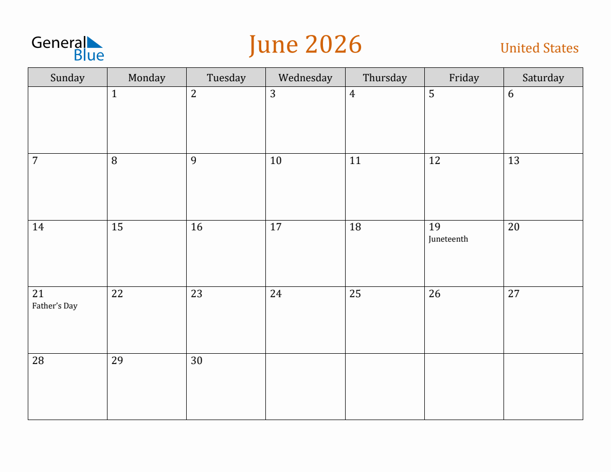 Free June 2026 United States Calendar