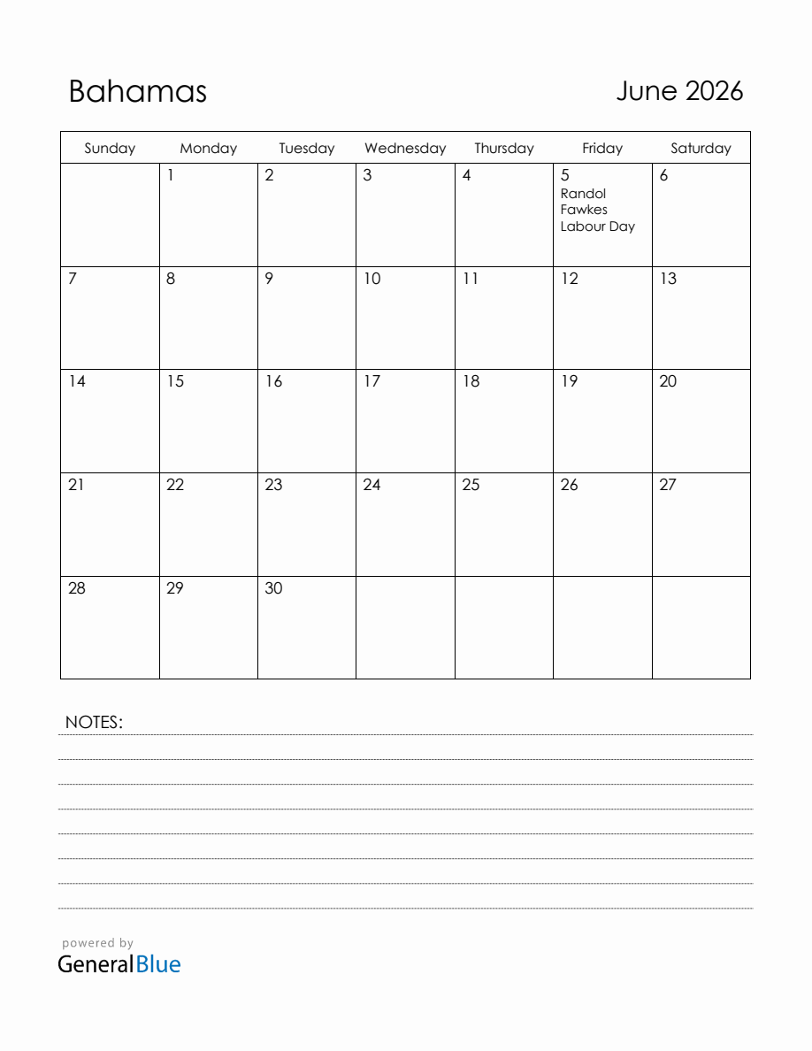 June 2026 Bahamas Calendar with Holidays