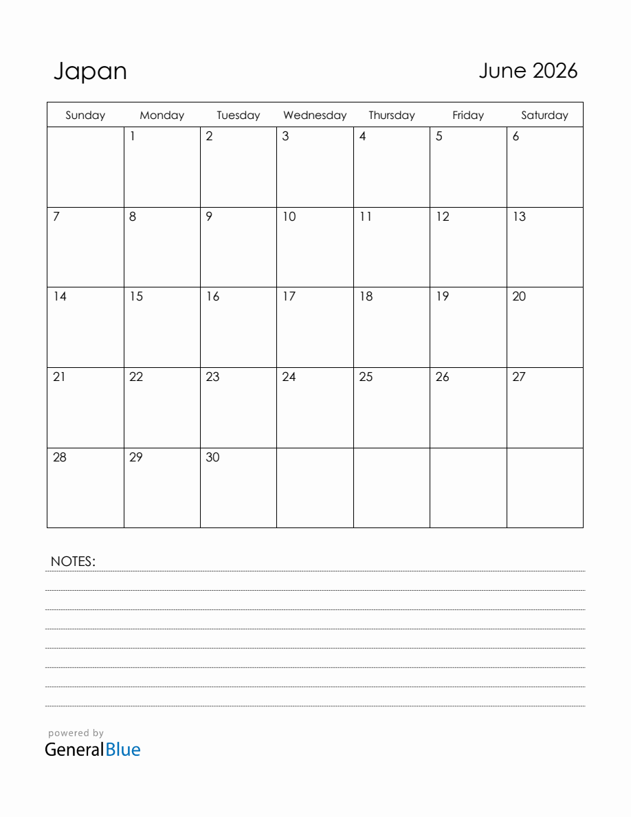 June 2026 Japan Calendar with Holidays