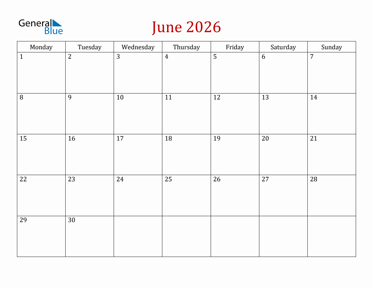 June 2026 Simple Calendar - Monday Start