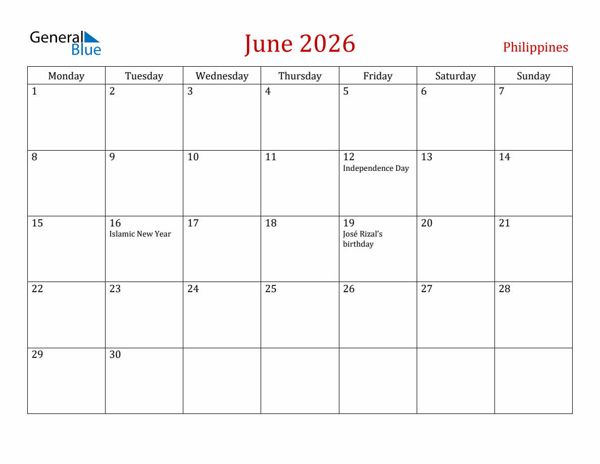 June 2026 Philippines Monthly Calendar with Holidays (Monday Start)
