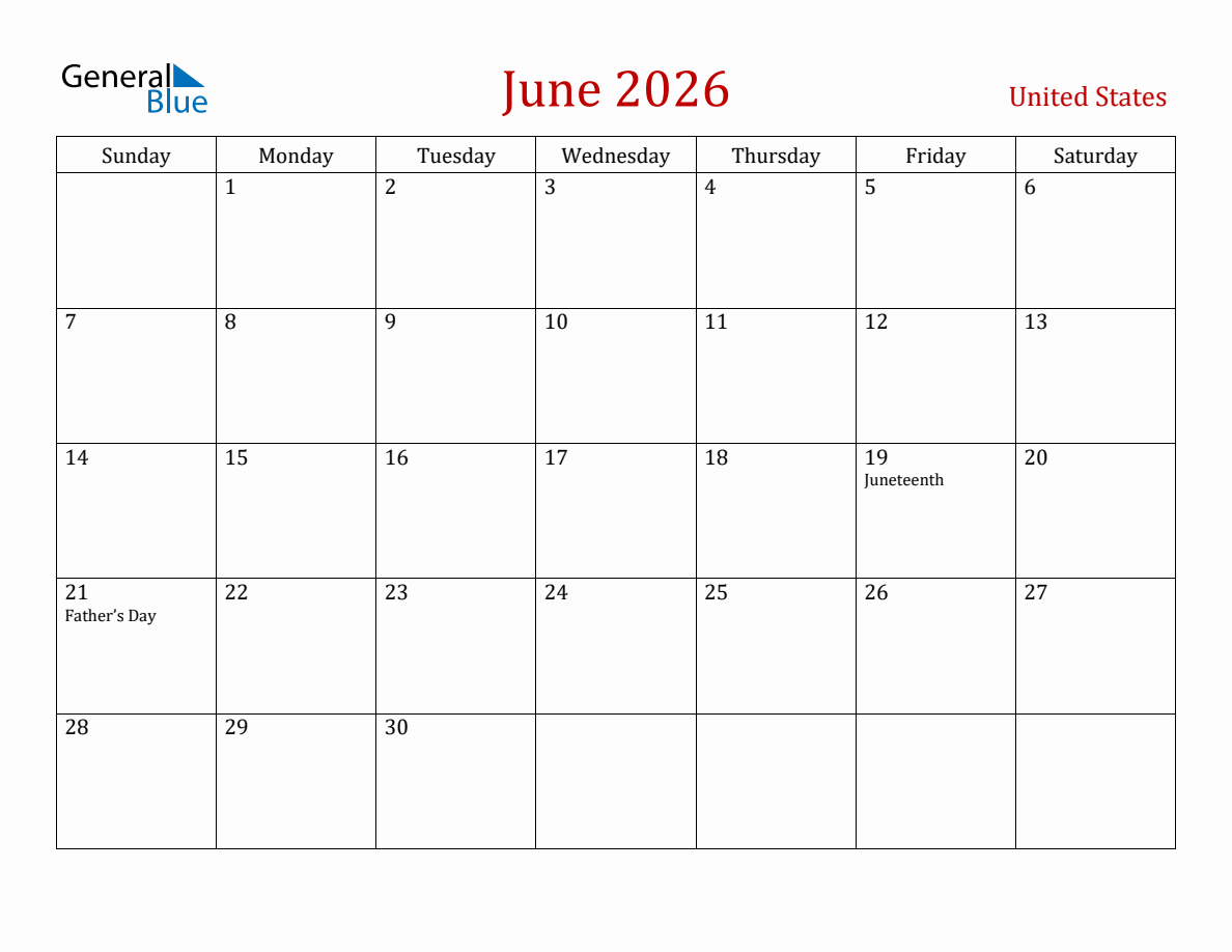 June 2026 United States Monthly Calendar with Holidays