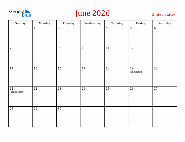 June 2026 Monthly Calendar With United States Holidays June 2026 Monthly Calendar With United States Holidays