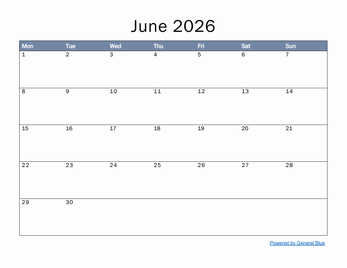 Monthly Calendar Template for June 2026 - Monday Start