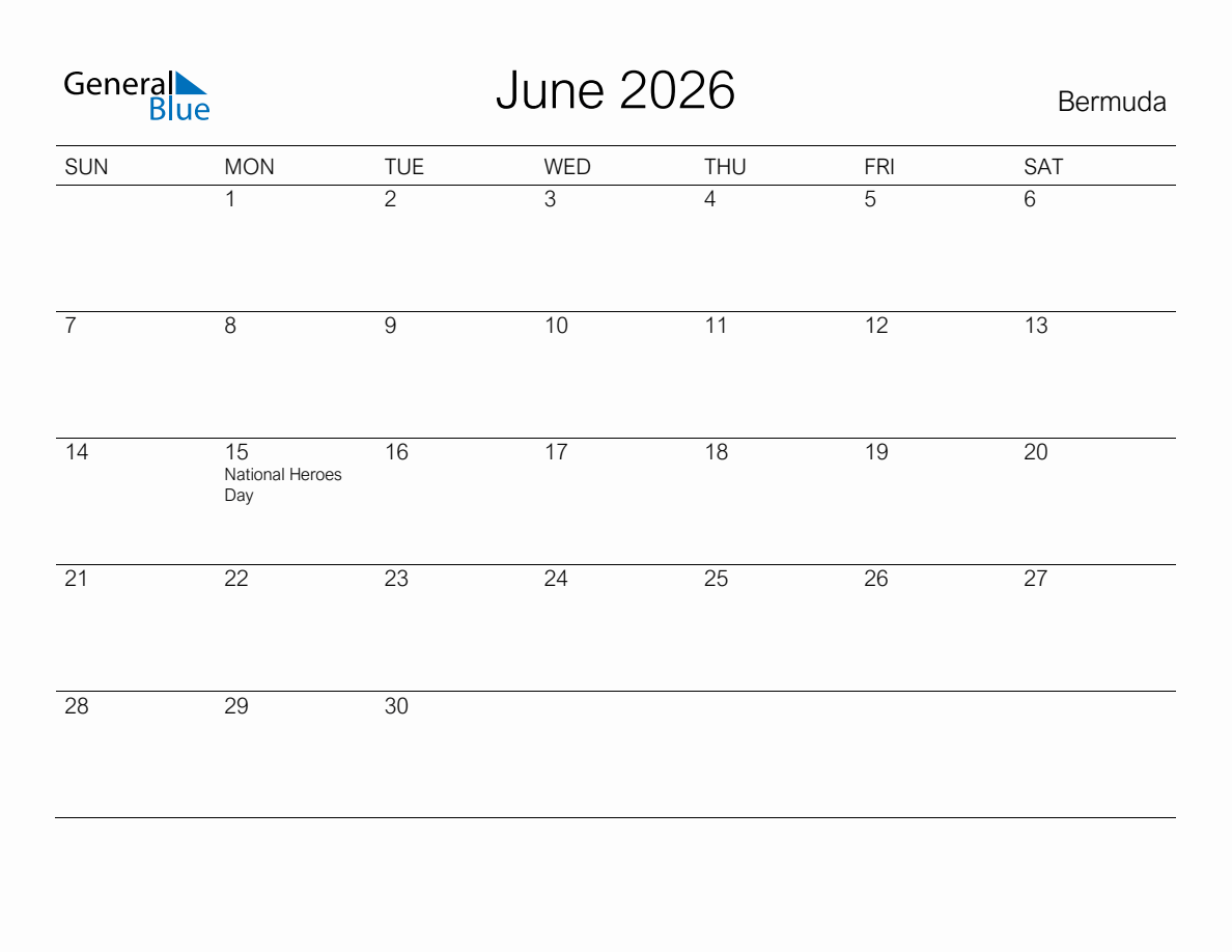 Printable June 2026 Monthly Calendar with Holidays for Bermuda